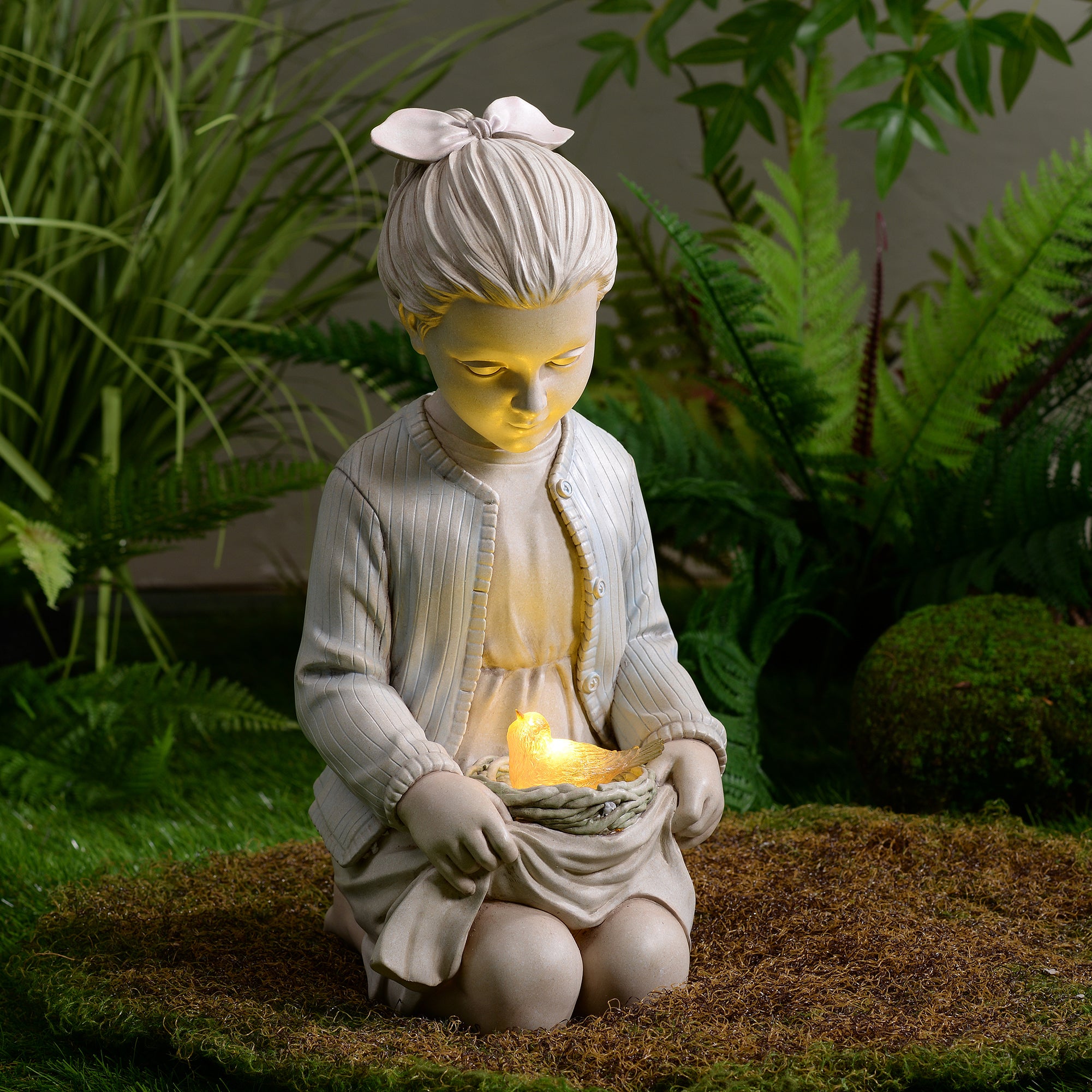 77184-C - Sitting Girl W/ Bird Nest Lighted Garden Statue Solar Powere ...