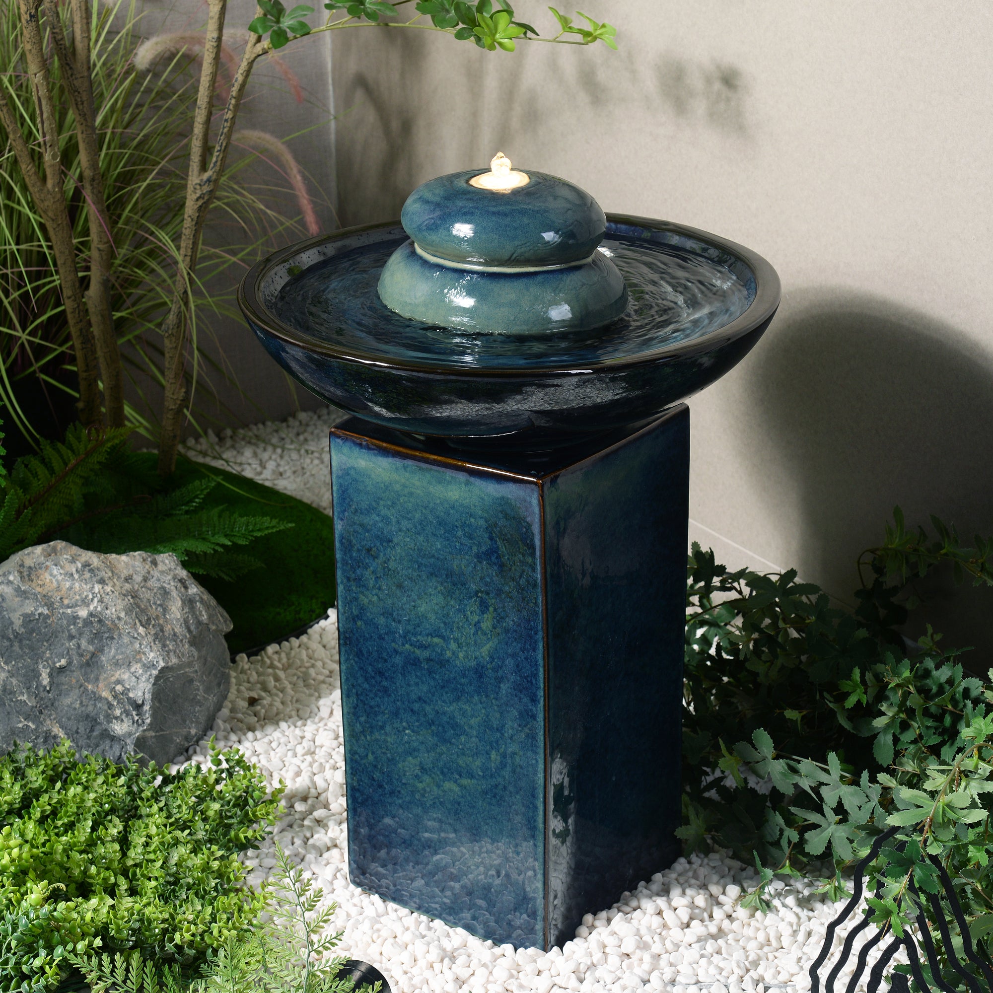 79586-02-BB - Blue Ceramic Fountain with Submersible Pump and Warm Whi ...